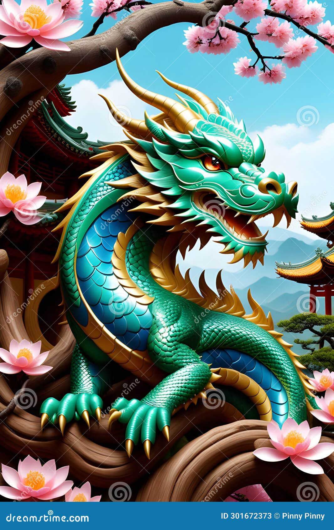 A Charming Green Azure Dragon in a Spring Time, with Wood Elements ...