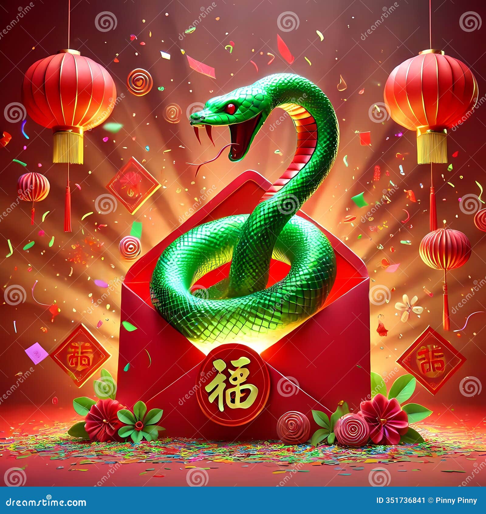 A Charming Green Snake, Emerging from a Red Envelope, with Confetti and ...