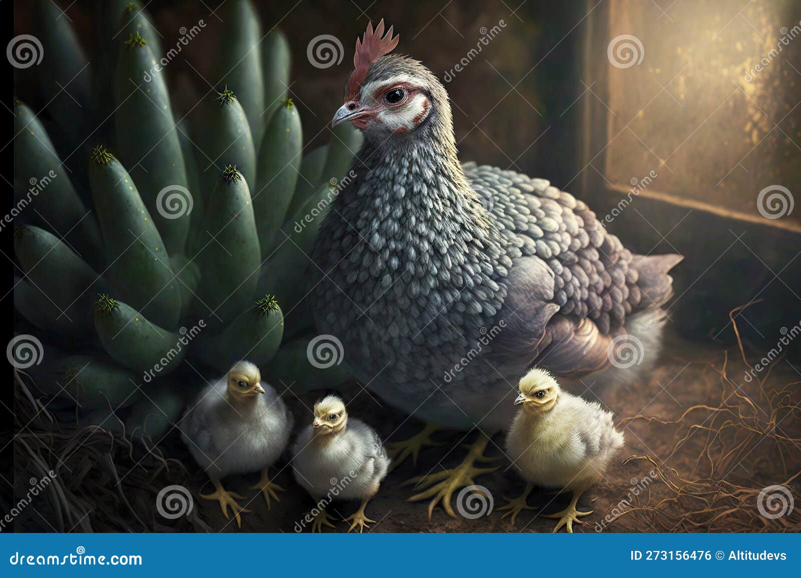 Charming Grey Mama Chicken with Cute Fluffy Chicks Stock Illustration ...