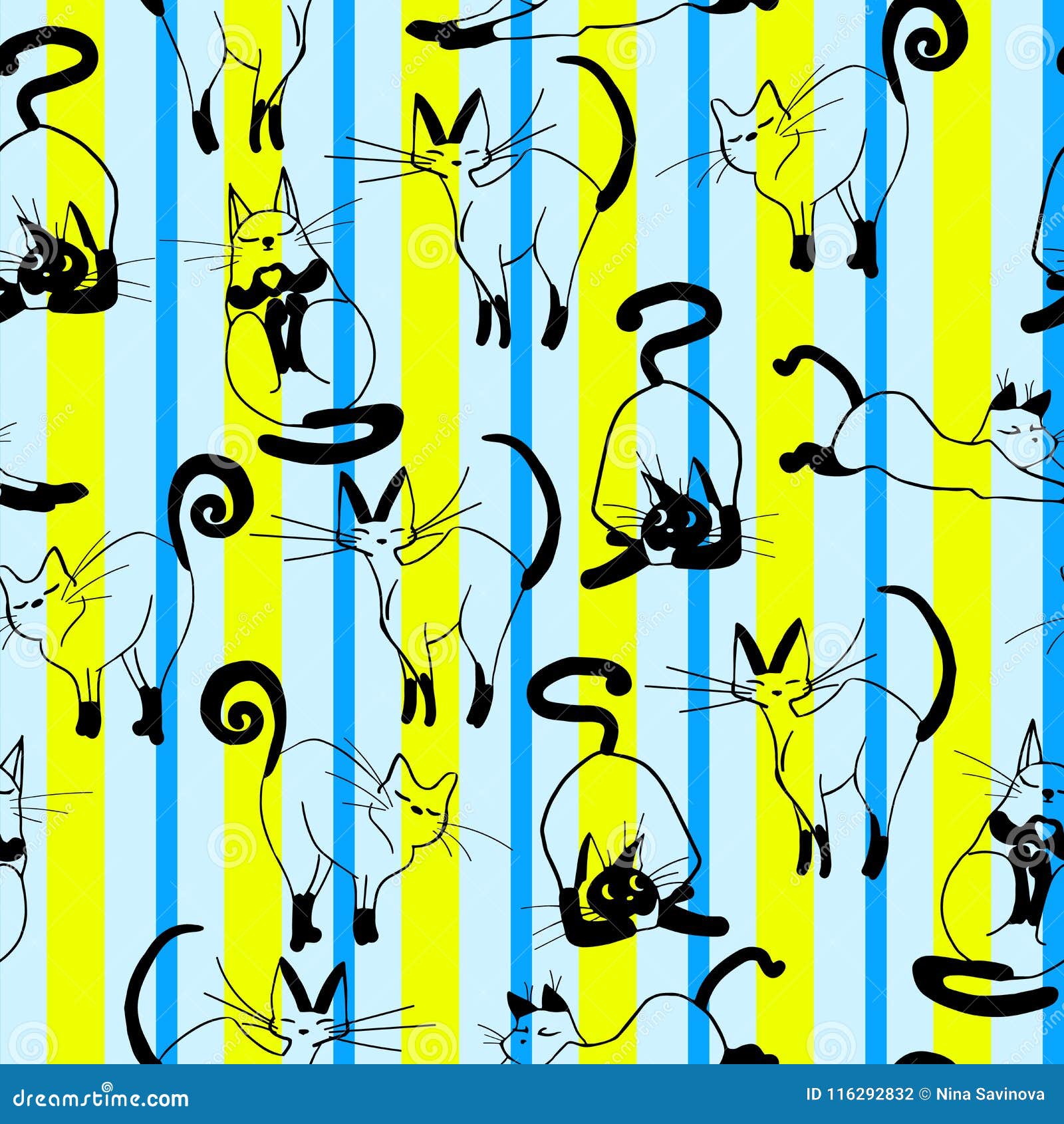 Colorful Hand Drawn Cats Cartoon Texture Design Seamless Pattern Vector ...