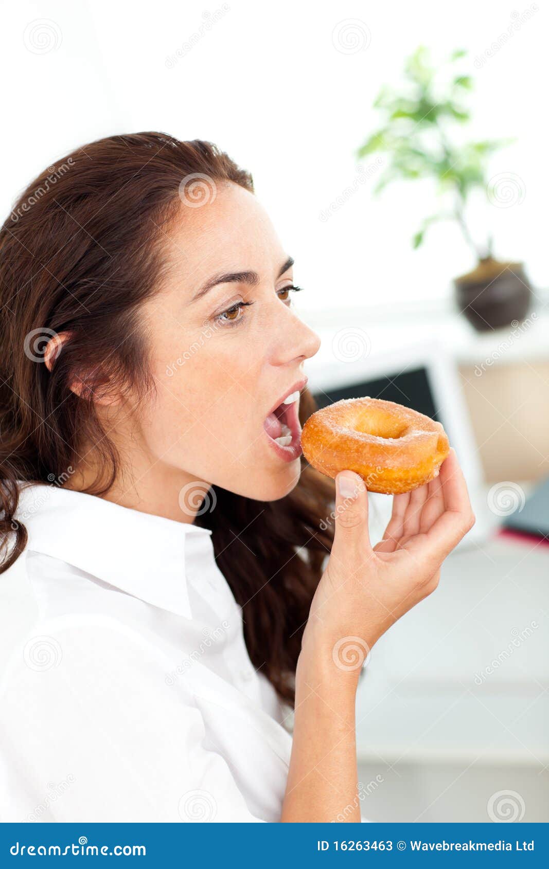 Charming Hispanic Businesswoman Eating a Doughnut Stock Image - Image ...