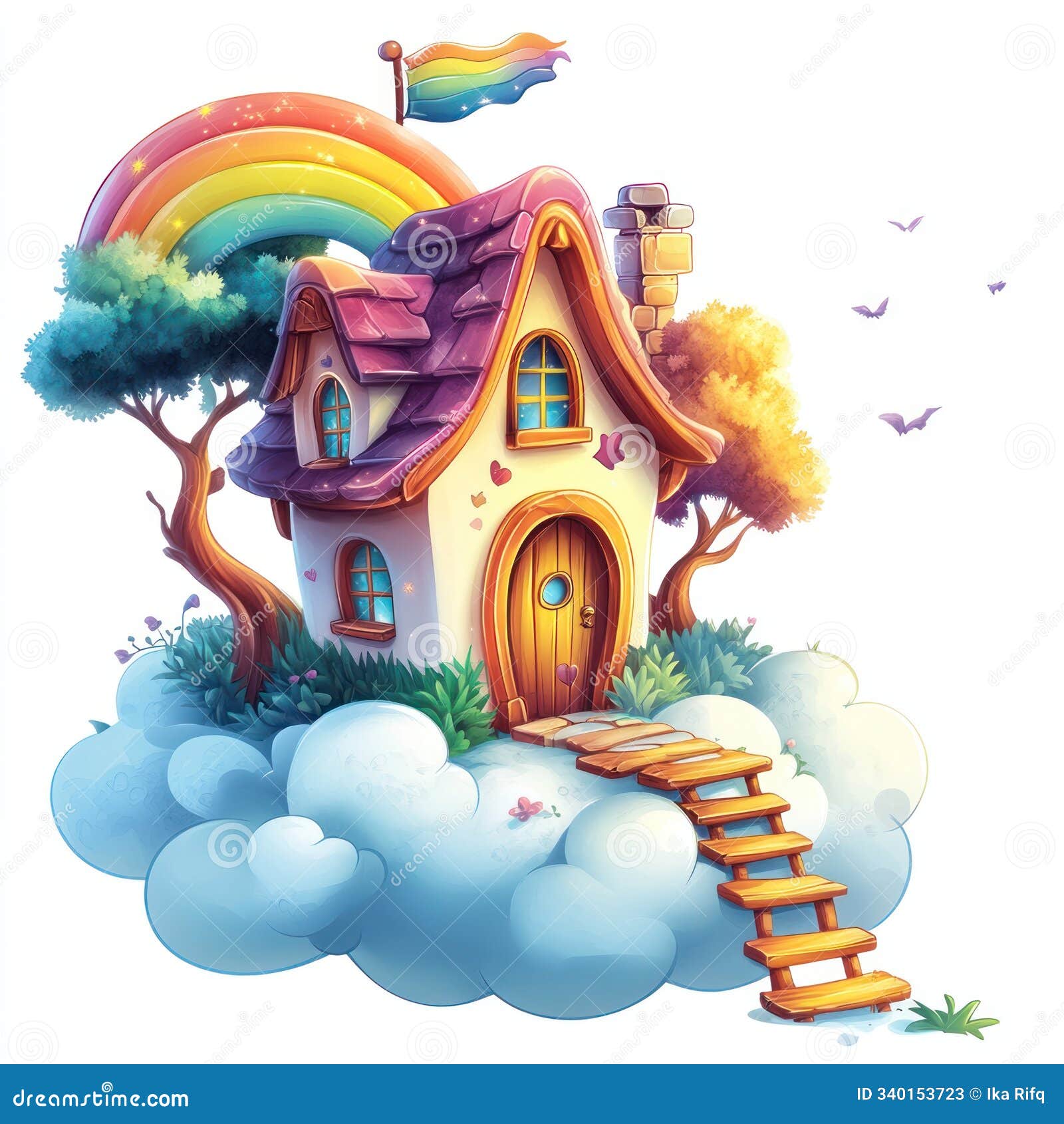Charming House on a Cloud with Rainbow Illustration Stock Illustration ...