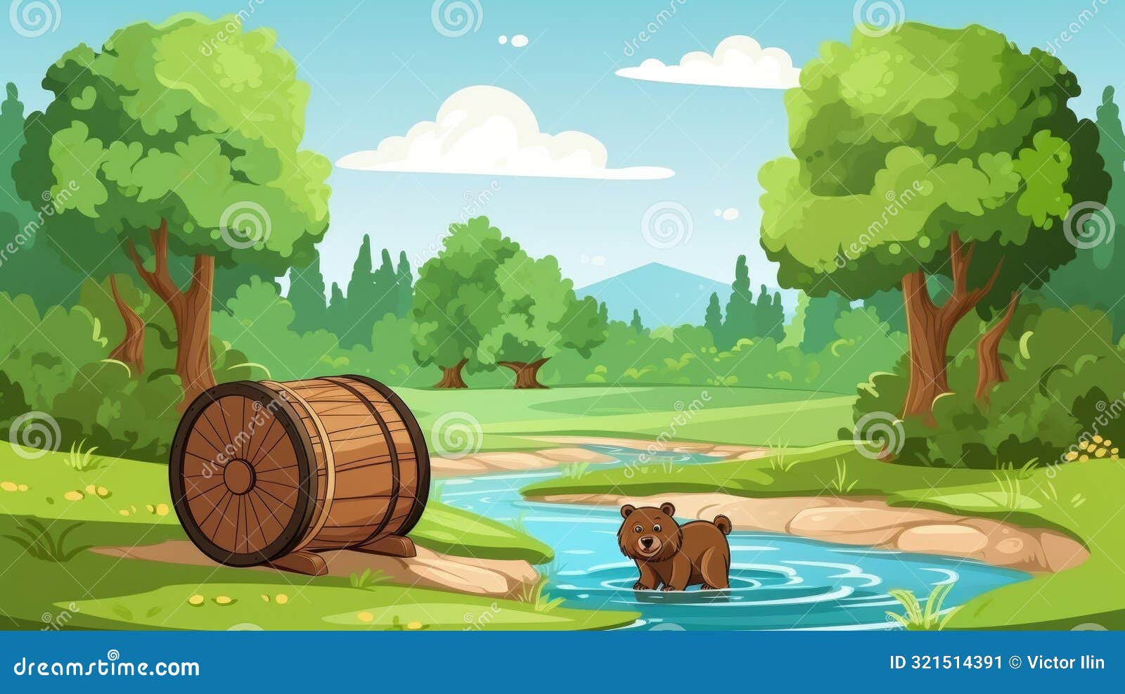 Charming Illustration of Cute Bear Cub with a Barrel of Honey in a ...