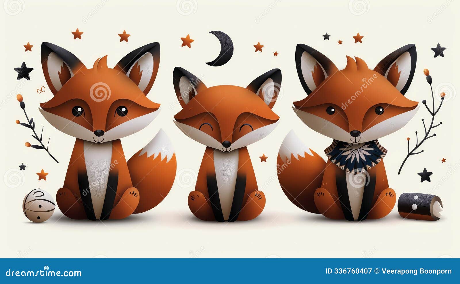 Charming Illustration of Three Cute Fox Characters Surrounded by ...