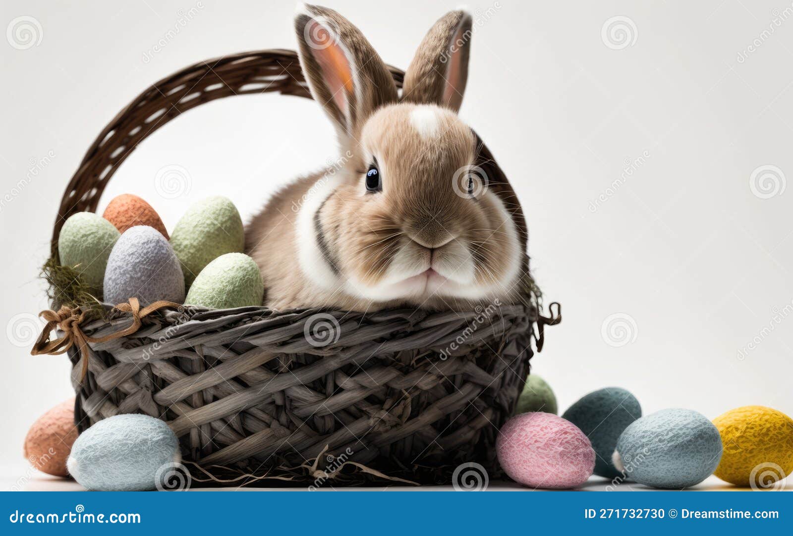 An Easter Bunny Rabbit within Basket Full of Multicolor Eggs, a White ...