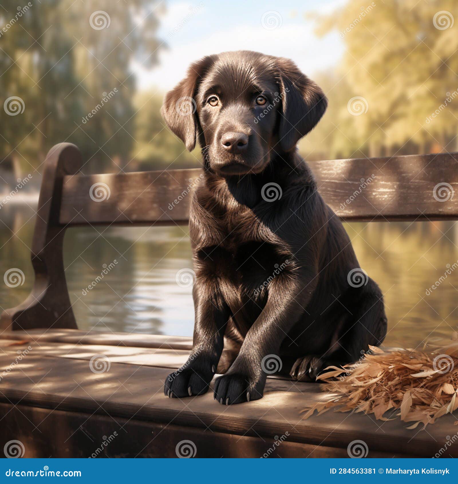 Charming Labrador On A Bench On The Shore Of Ponds 1 Stock Image ...