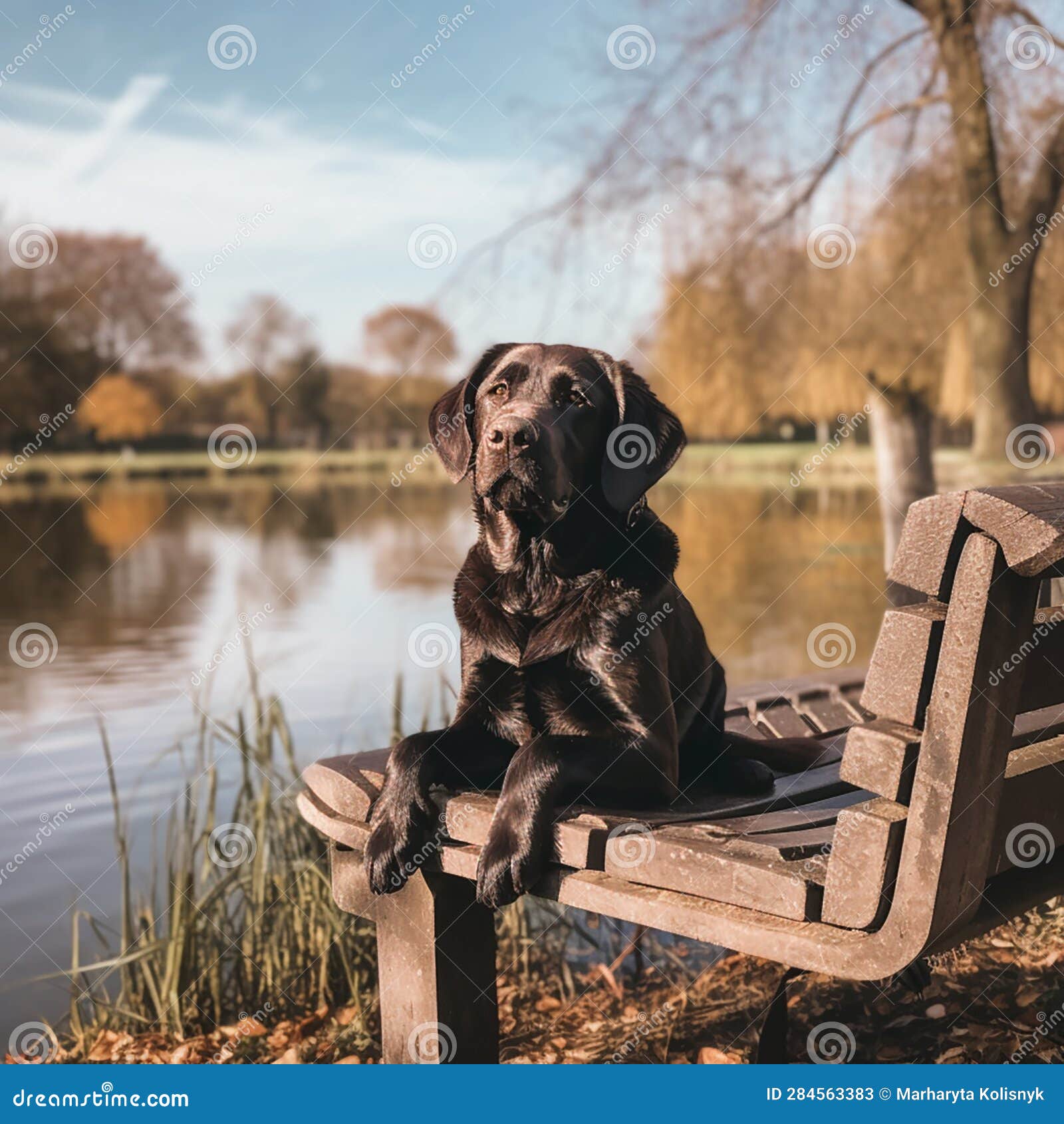 Charming Labrador on a Bench on the Shore of Ponds 3 Stock Illustration ...