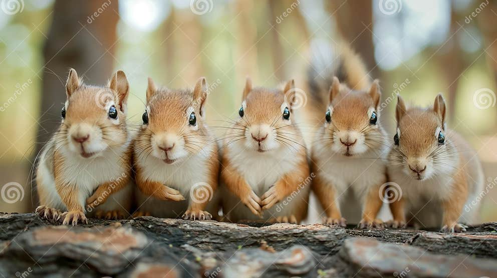 A Charming Line of Five Squirrels Perches on a Log, with Their Paws ...