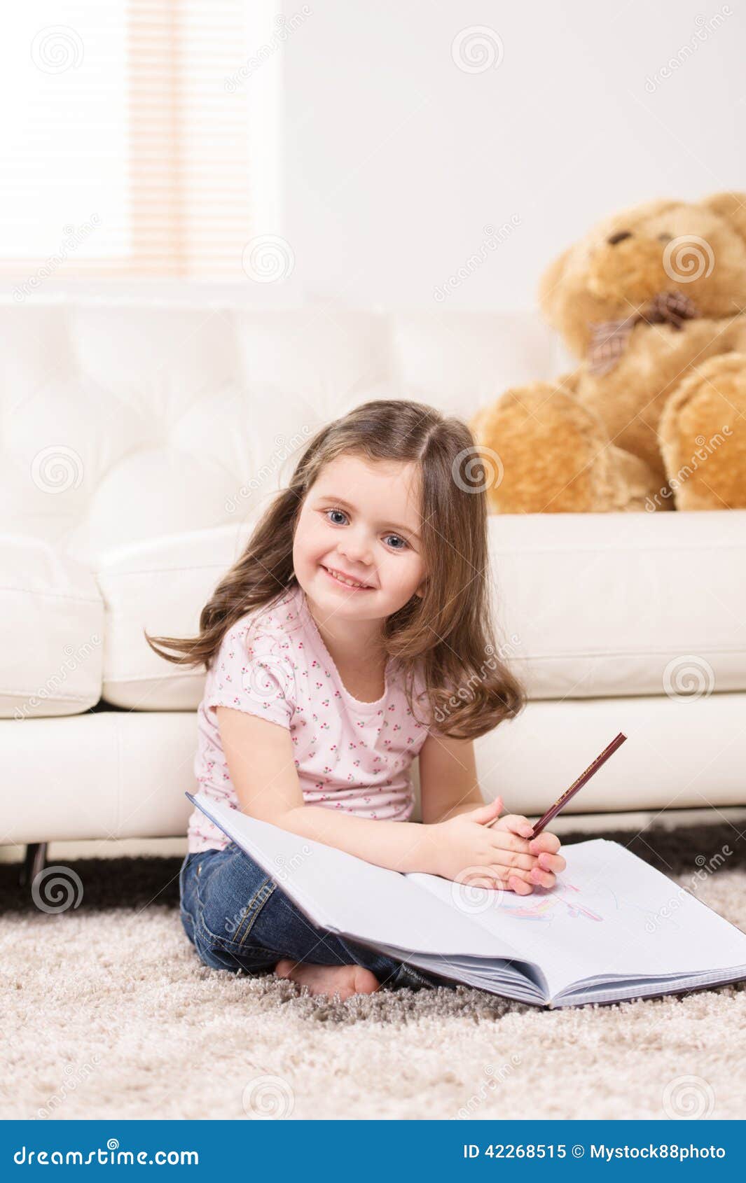 Charming Little Girl Writing in Notebook. Stock Image - Image of ...