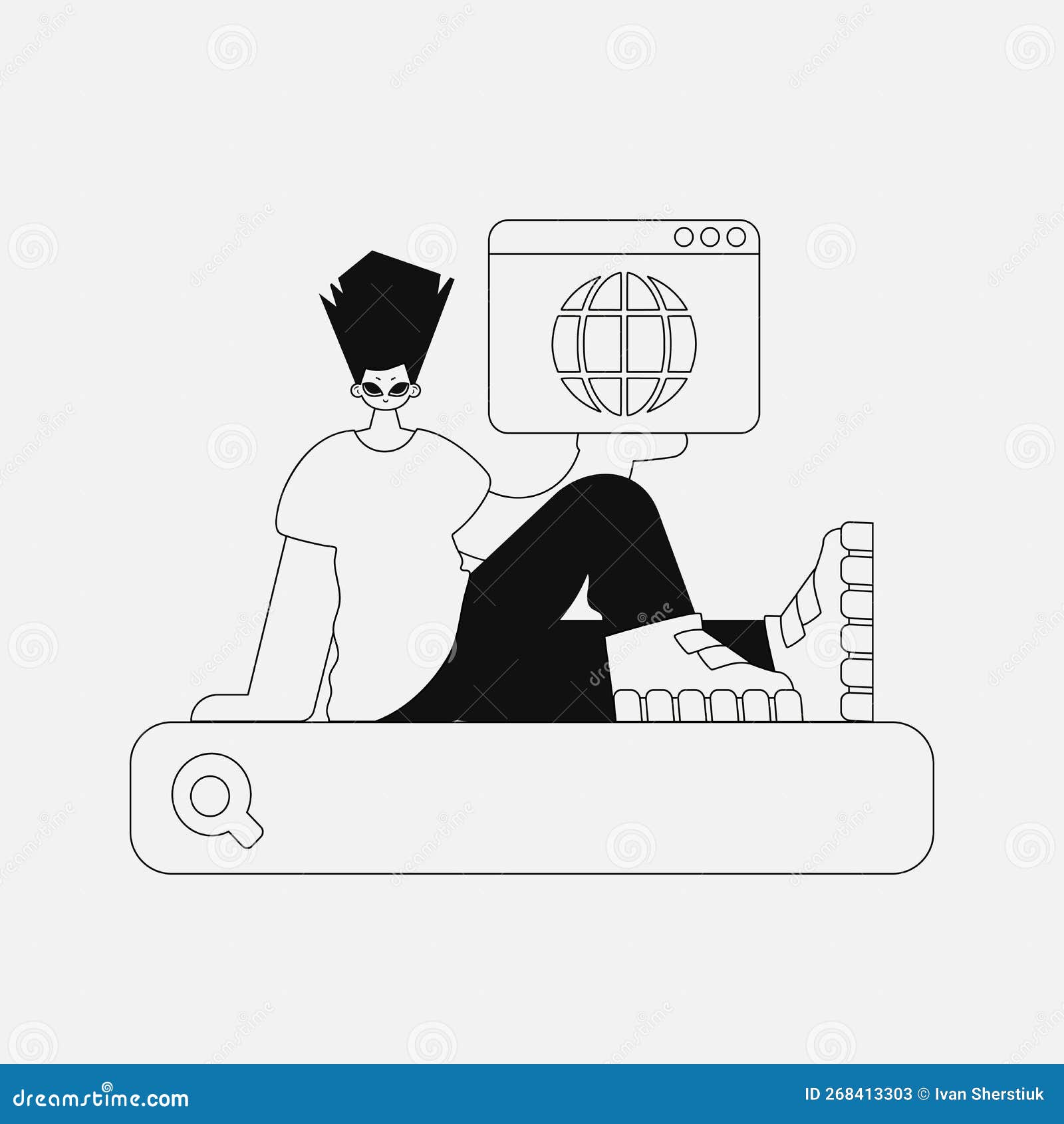 Charming Man Holds a Browser Window in His Hands. Linear Style ...