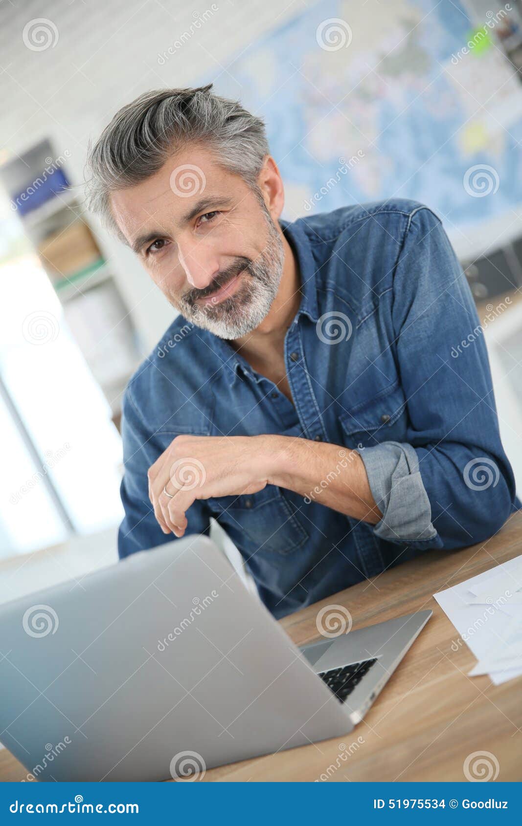 Charming Mature Man Working on Laptop Stock Photo - Image of european ...