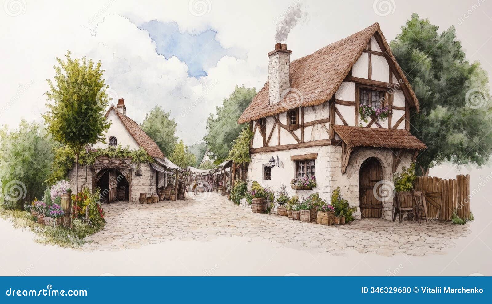 Charming Medieval Village Scene with Cobblestone Path and Quaint ...