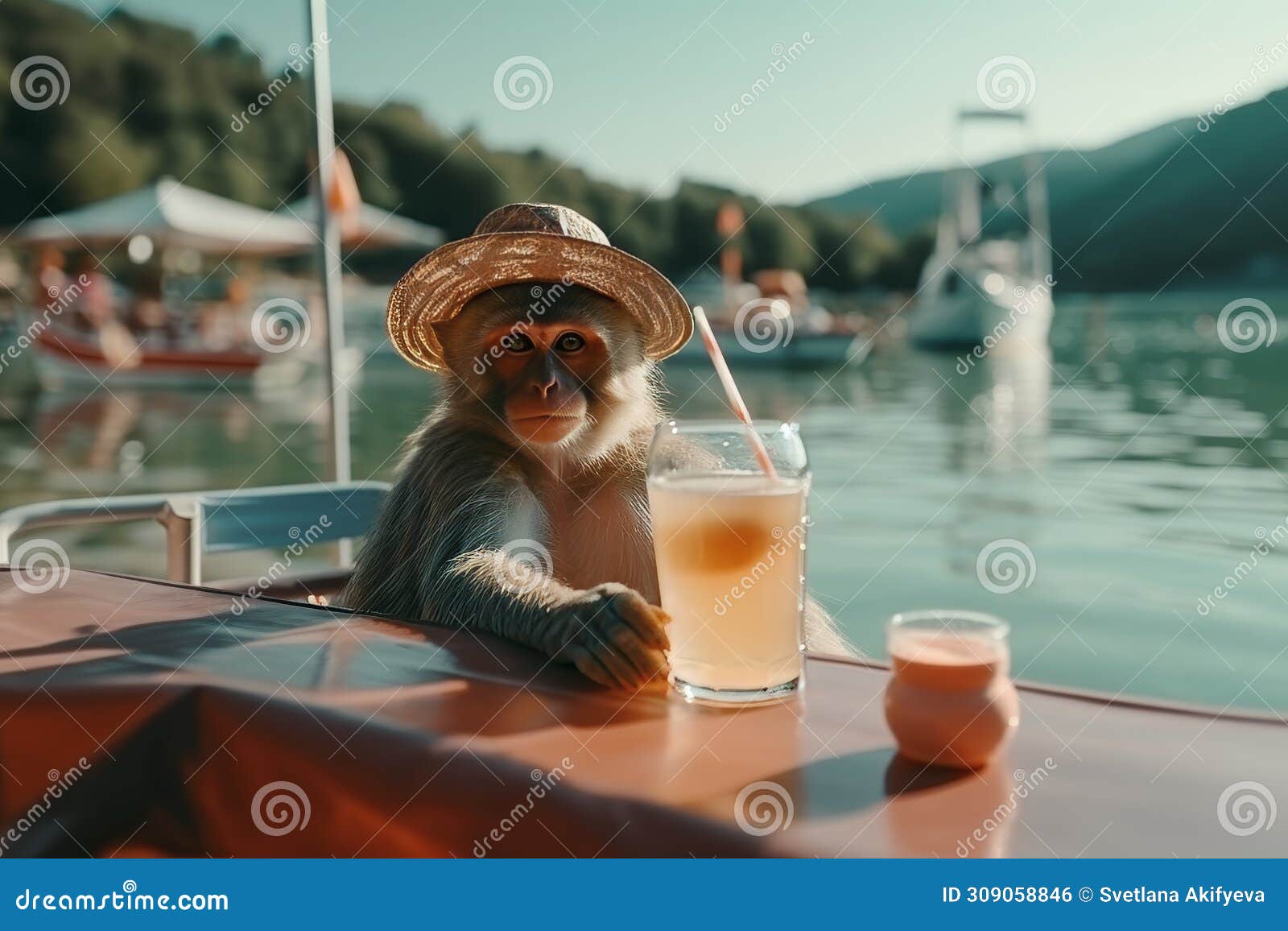 A Charming Monkey in a Sun Hat is Relaxing at the Beach Bar with a ...