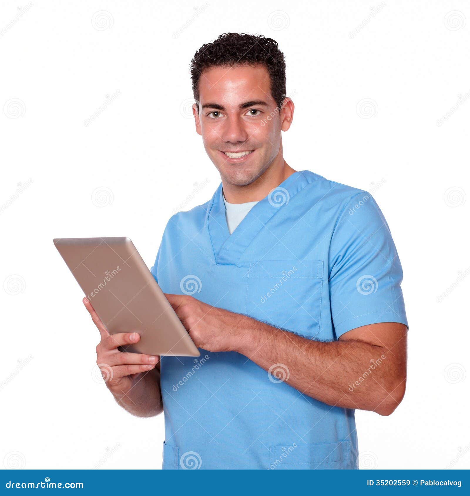 Charming Nurse Man Using His Tablet Pc Stock Image - Image of studio ...