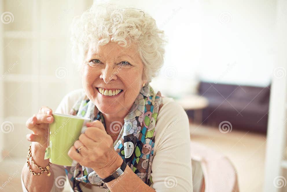 Charming Old Lady with a Cup of Tea Stock Image - Image of portrait ...