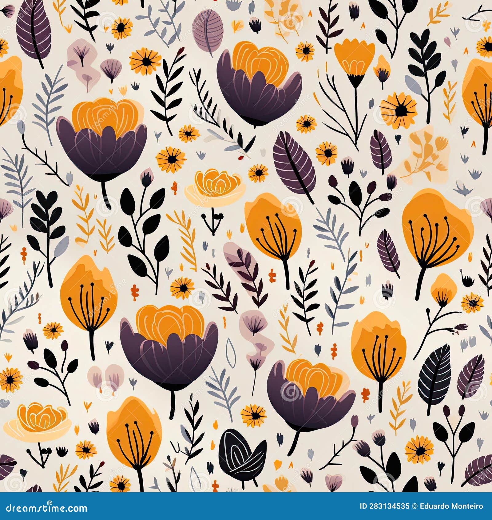 Charming Orange and Yellow Floral Pattern on a White Background (tiled ...