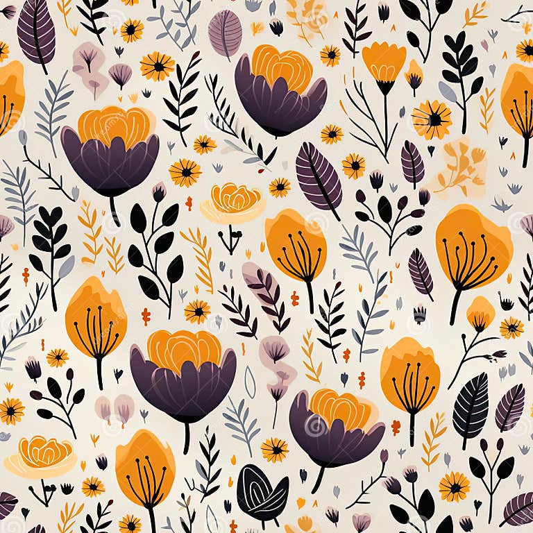 Charming Orange and Yellow Floral Pattern on a White Background (tiled ...