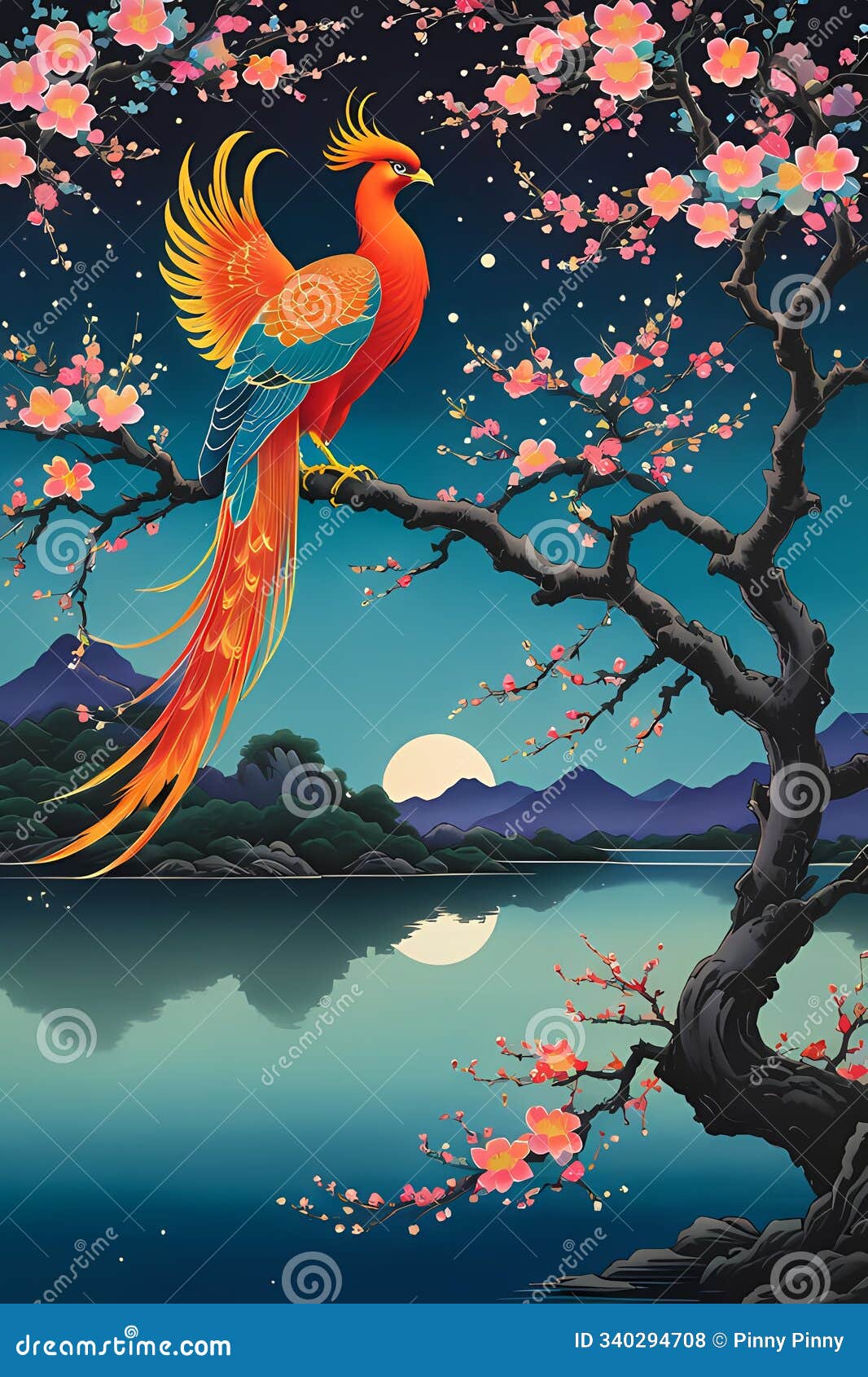 A Charming Phoenix Perched on a Blossom Tree, Above a Calm Lake in a ...