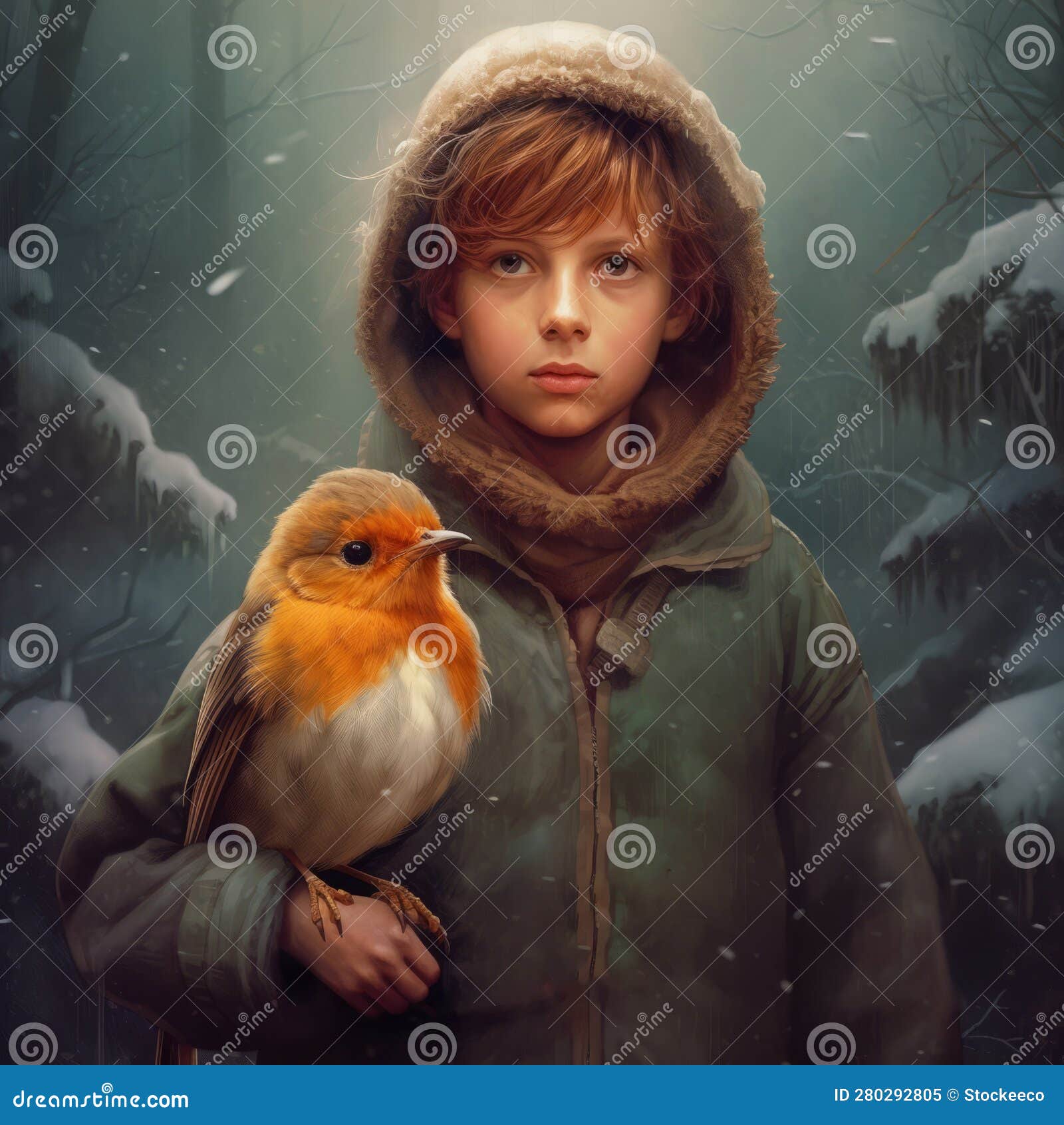 Charming Portrait of Young Boy Holding Robin in Eerily Realistic Style ...