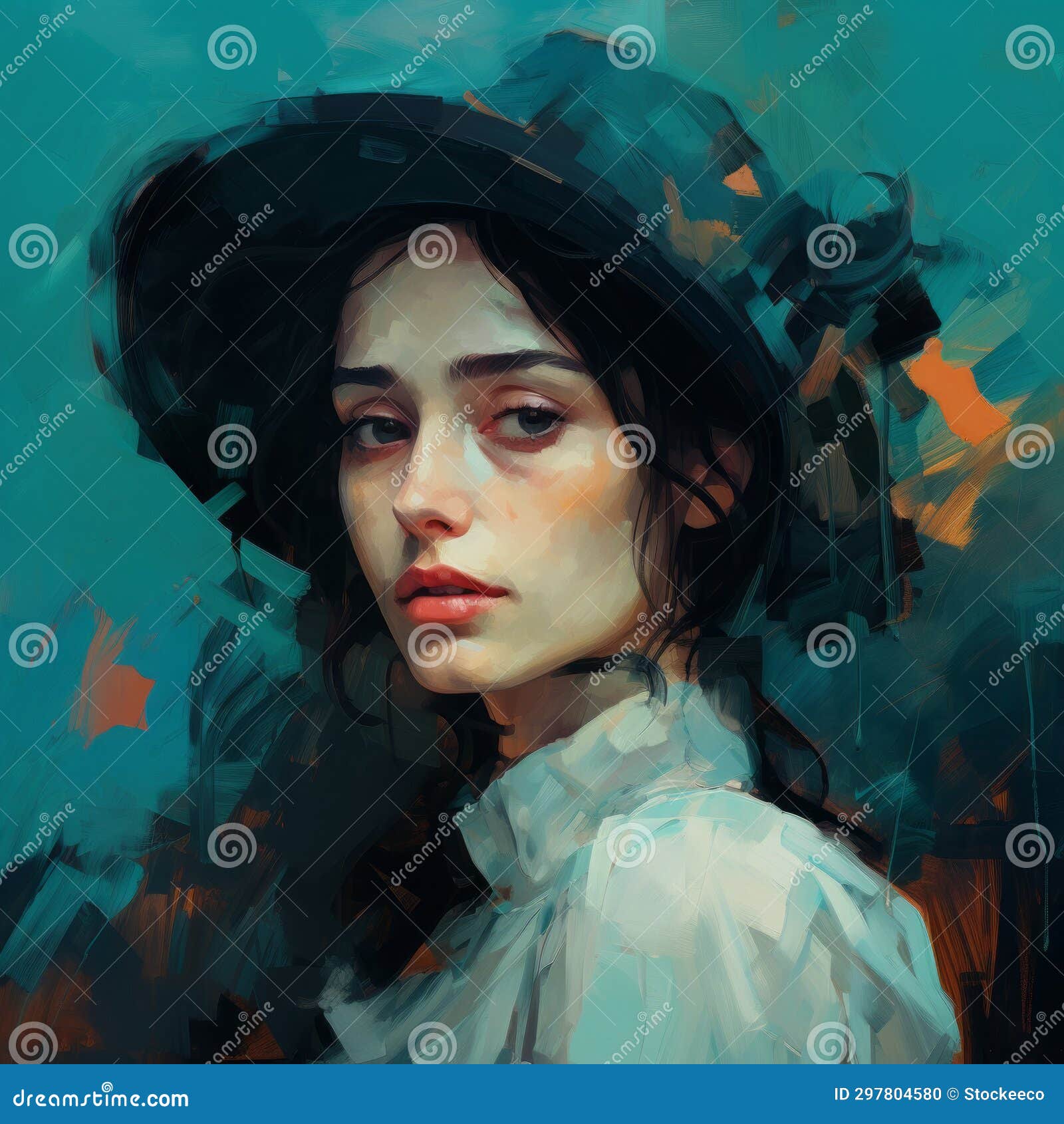 Charming Post-impressionism Painting of Woman in Black Hat Stock ...