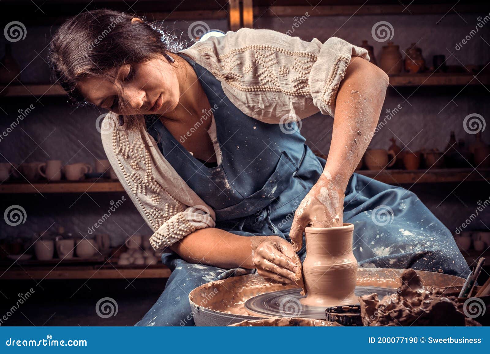 Charming Pottery Master Making Ceramic Pottery on Wheel. Handcraft ...