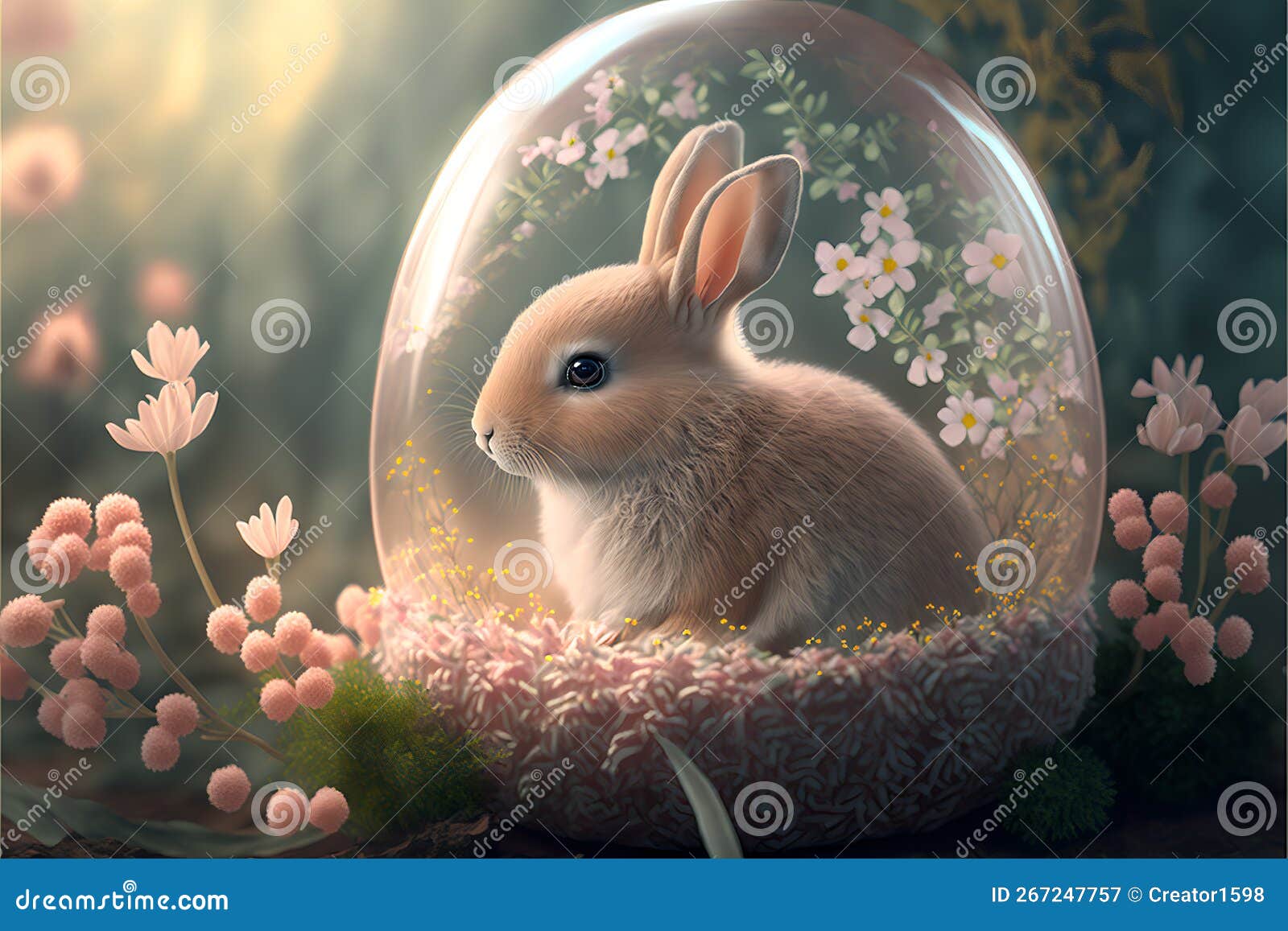 Charming Rabbit in a Glass Egg on a Background of Spring Flowers.Easter ...