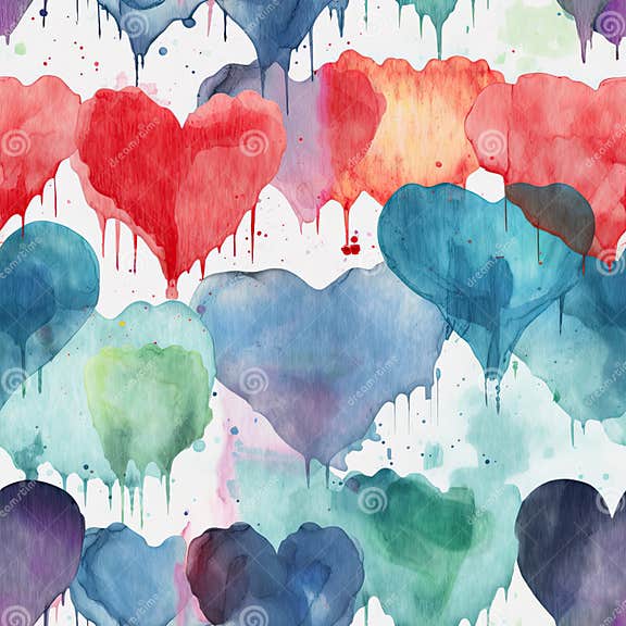 Repeating Pattern Random Love Heart Art Dripping Watercolor Stock ...