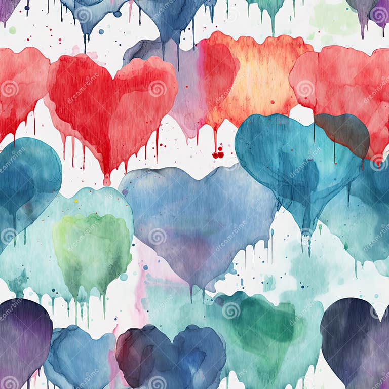 Repeating Pattern Random Love Heart Art Dripping Watercolor Stock ...