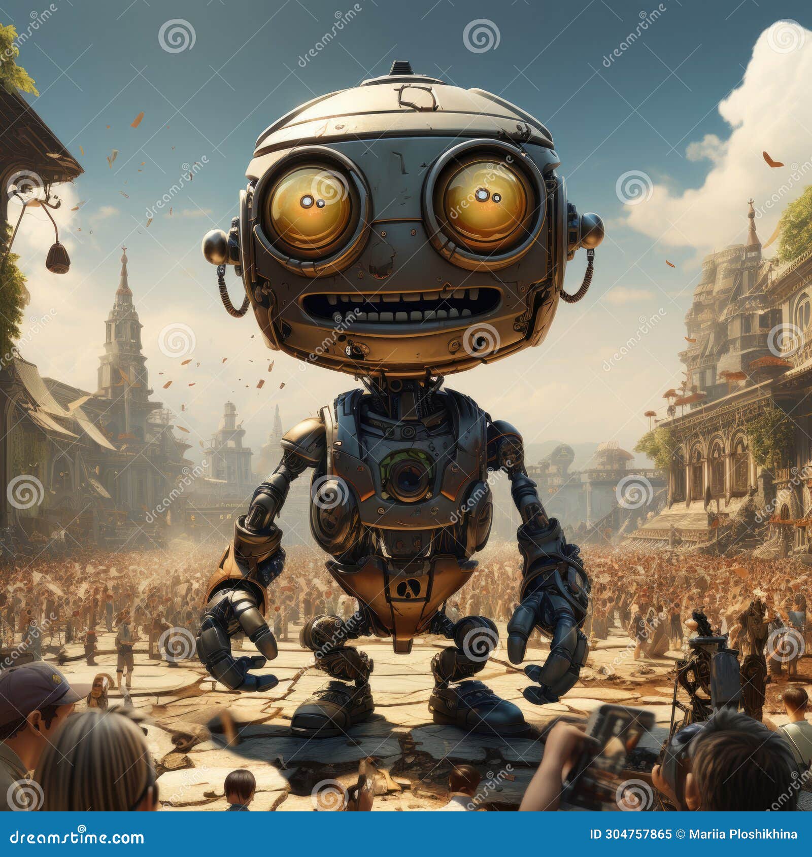 Charming Robot Character Interacting with an Excited Crowd Stock ...