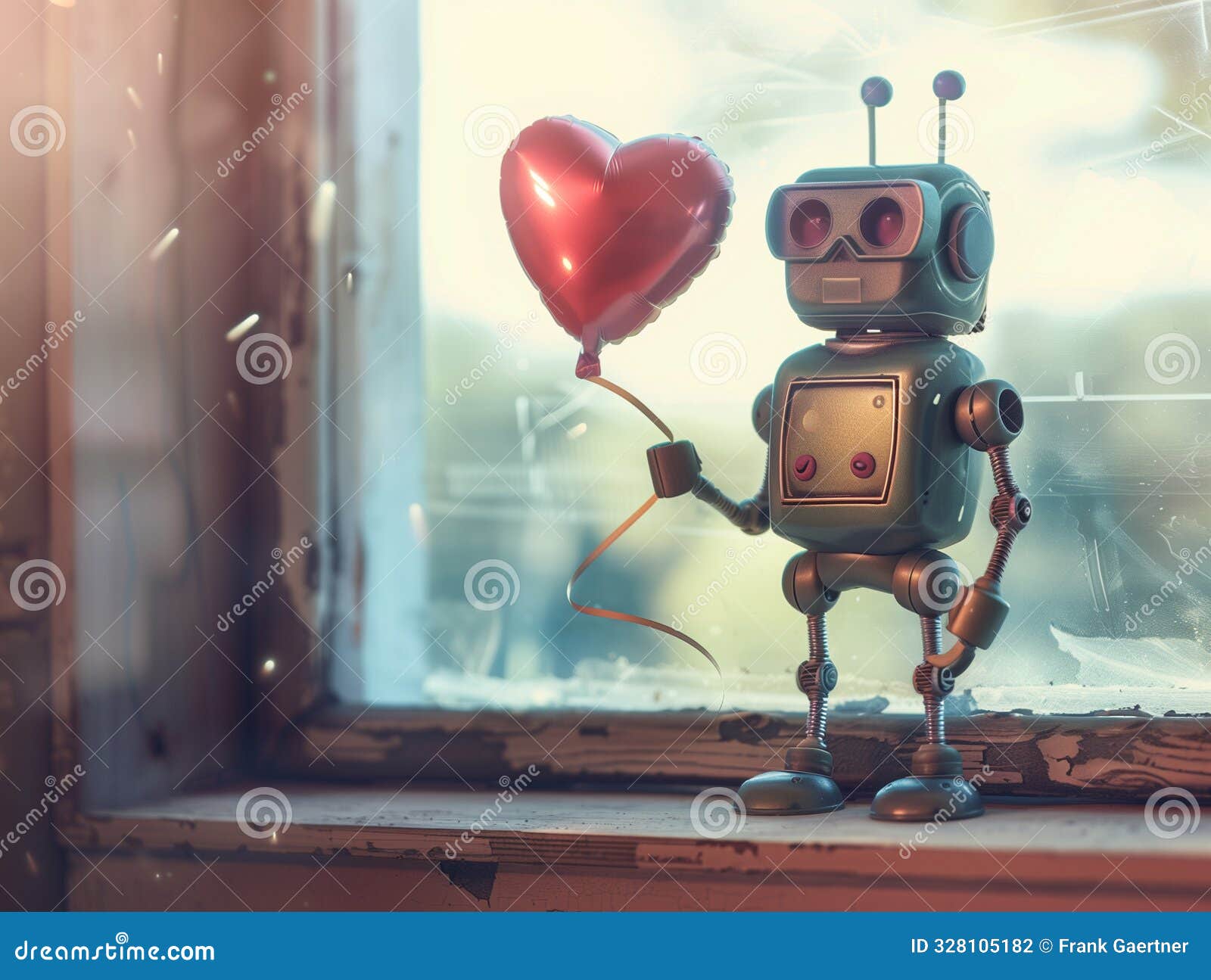 Charming Robot Holds a Heart Shaped Red Balloon while Standing Next To ...