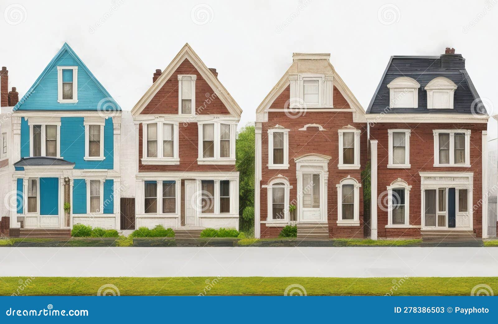 Charming Row Houses: Front View on the Street. Stock Illustration ...