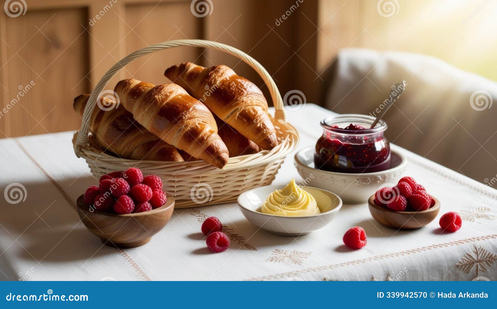 Charming Rural Breakfast Layout Featuring Croissants, Butter, Jam, and ...