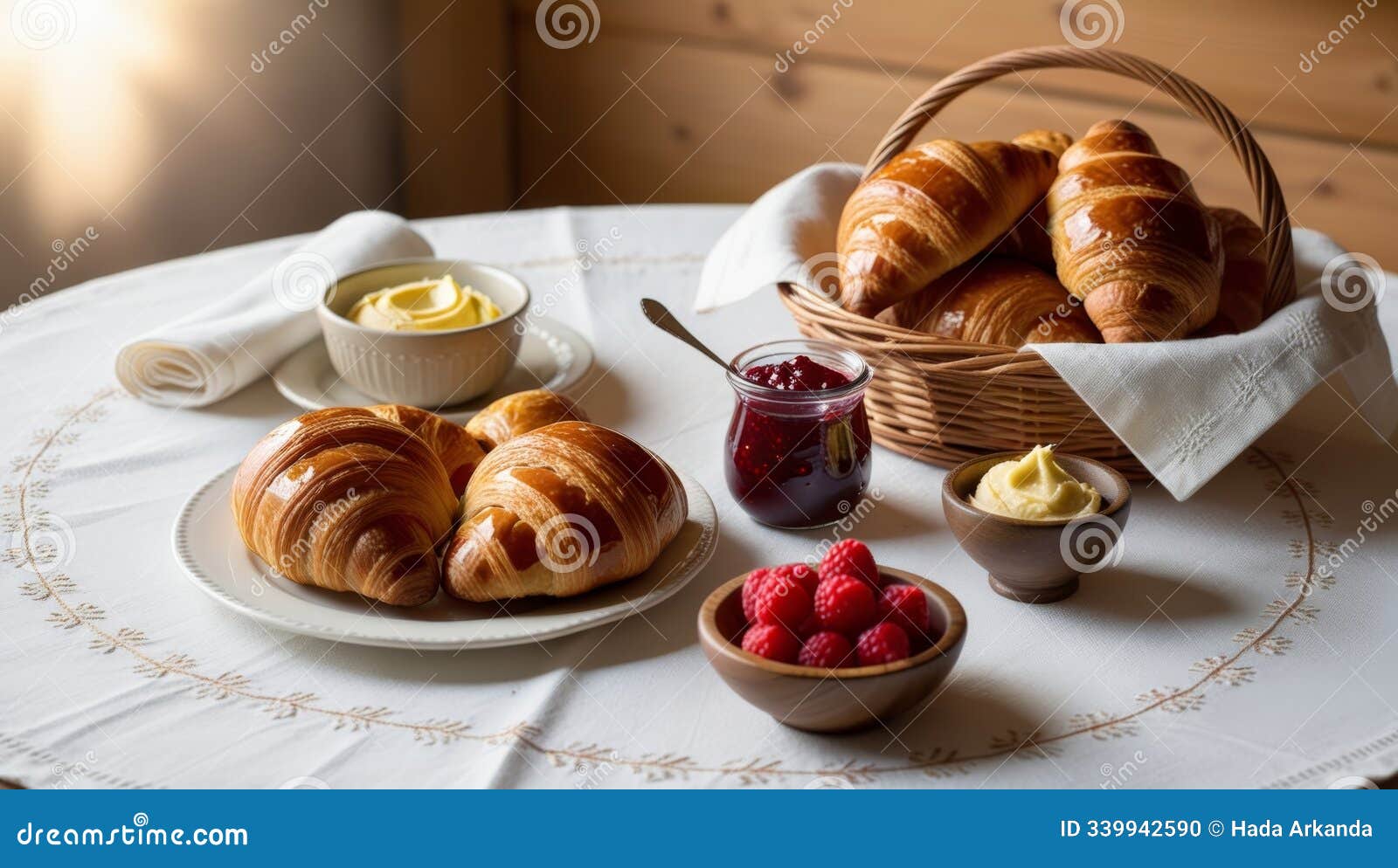 Charming Rural Breakfast Layout Featuring Croissants, Butter, Jam, and ...