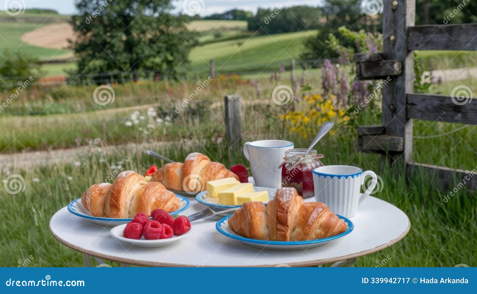 Charming Rural Breakfast Layout Featuring Croissants, Butter, Jam, and ...