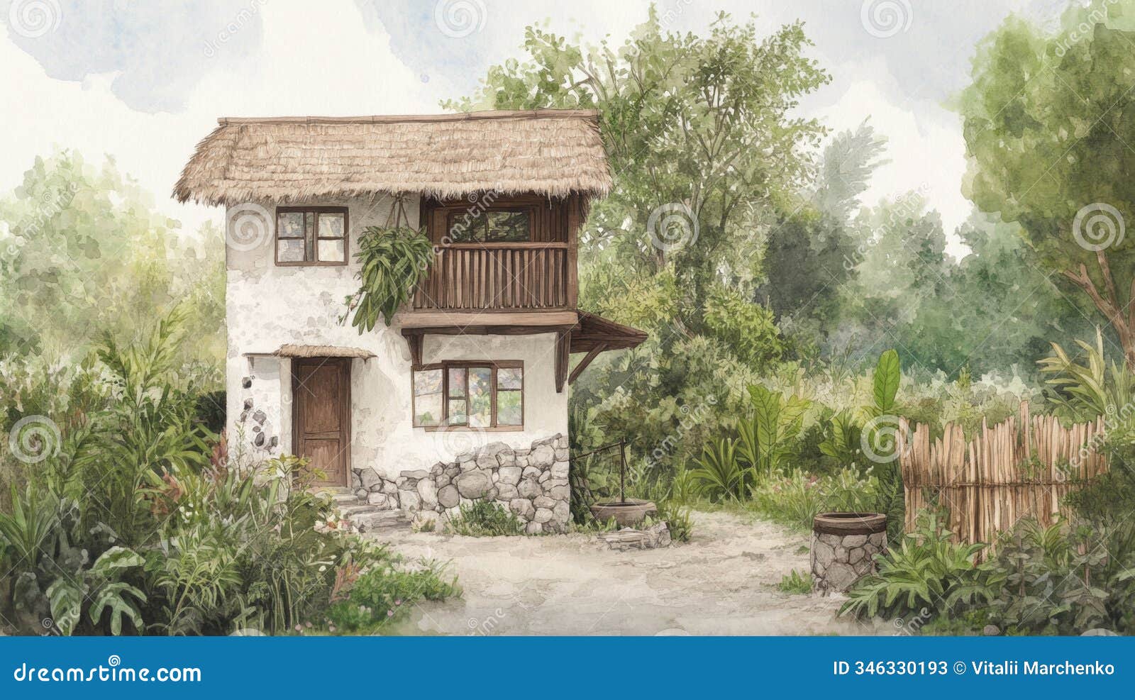 Charming Rural Cottage With Thatched Roof Surrounded By Lush Greenery ...