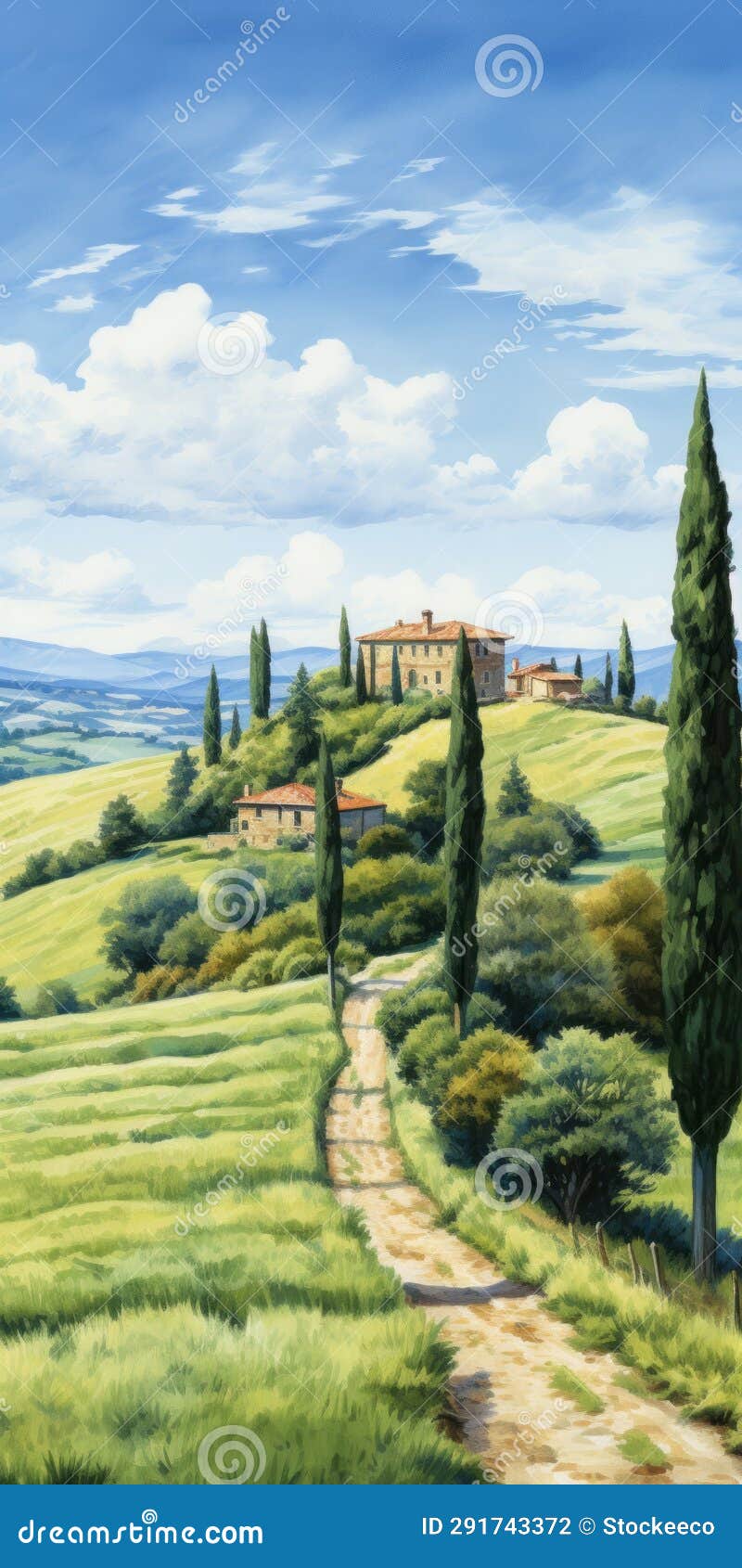 Charming Rural Scenes: Precise Cypress Tree Paintings in Idyllic Grassy ...