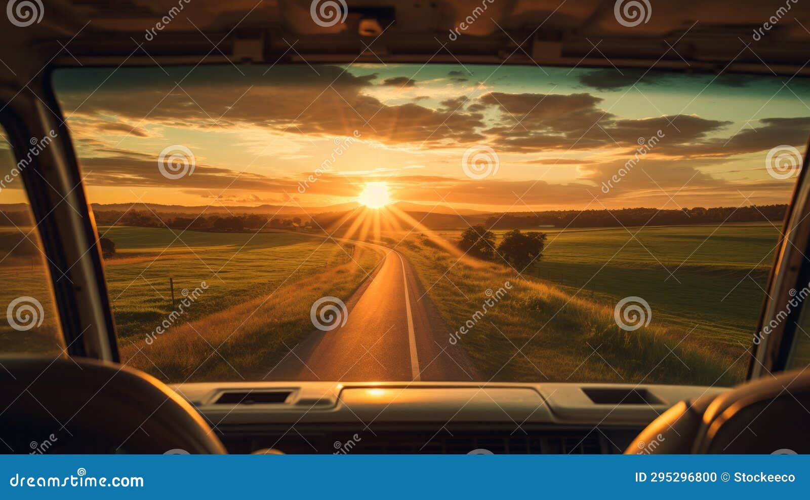 Charming Rural Sunset View through Van Windshield Stock Illustration ...