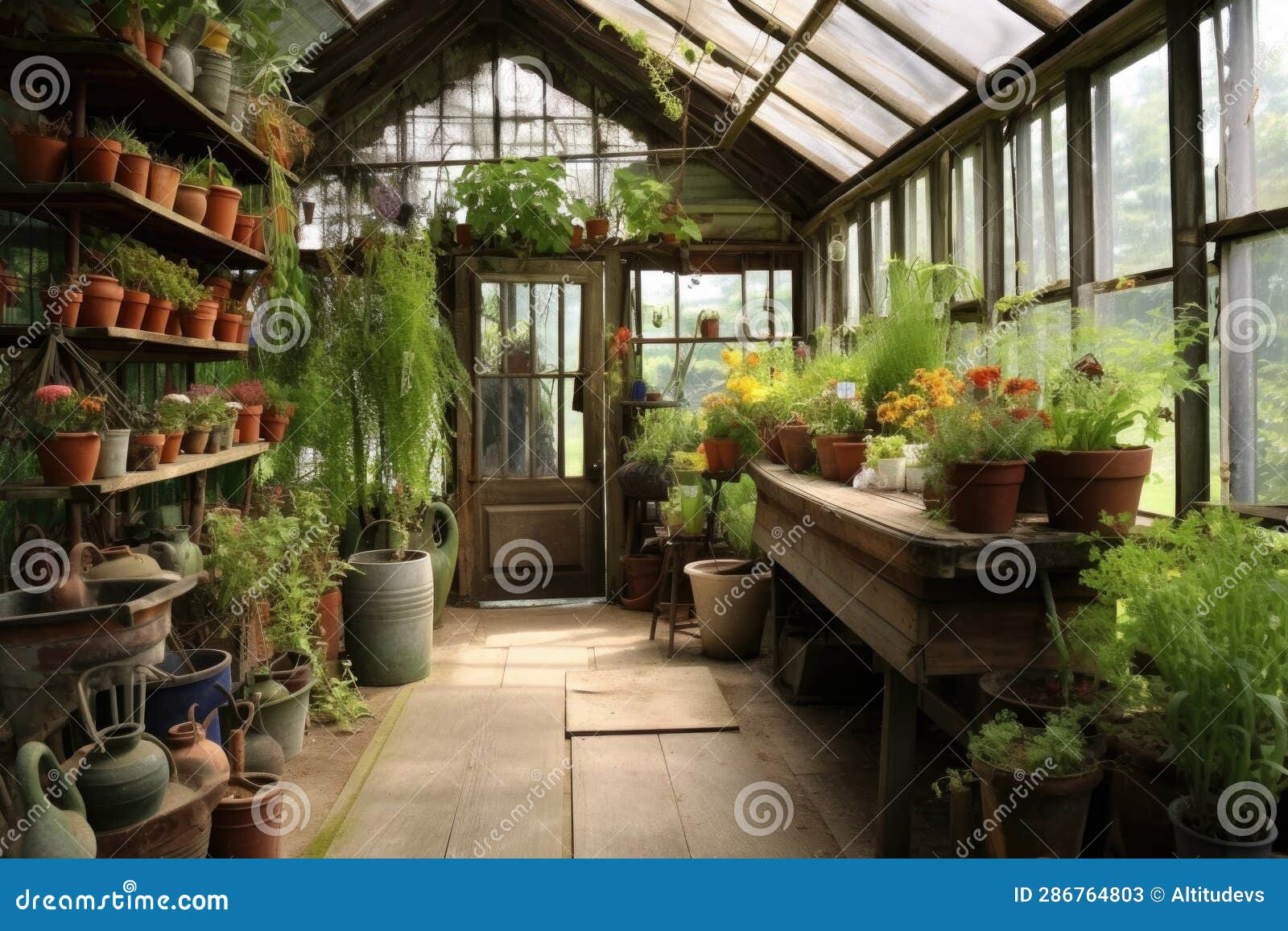 Charming Rustic Greenhouse with Colorful Potted Plants Stock ...