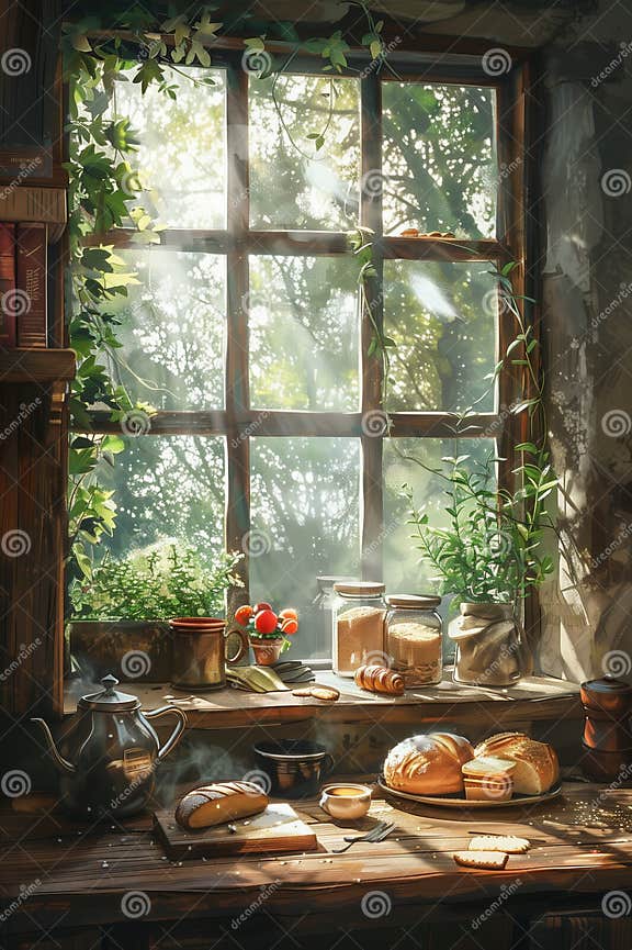 Rustic Kitchen Window with Freshly Baked Bread and Sunlight Stock Photo ...
