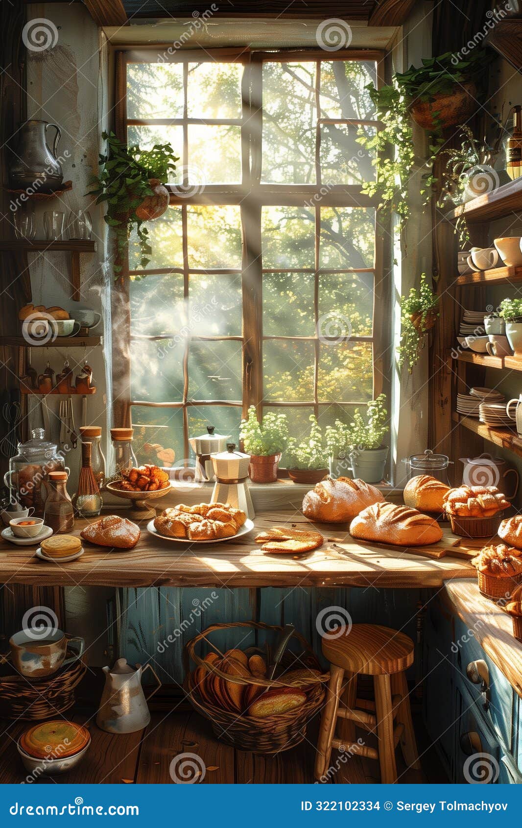 Rustic Kitchen Window with Freshly Baked Bread and Sunlight Stock Photo ...