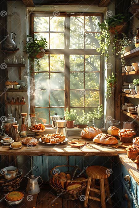 Rustic Kitchen Window with Freshly Baked Bread and Sunlight Stock Photo ...