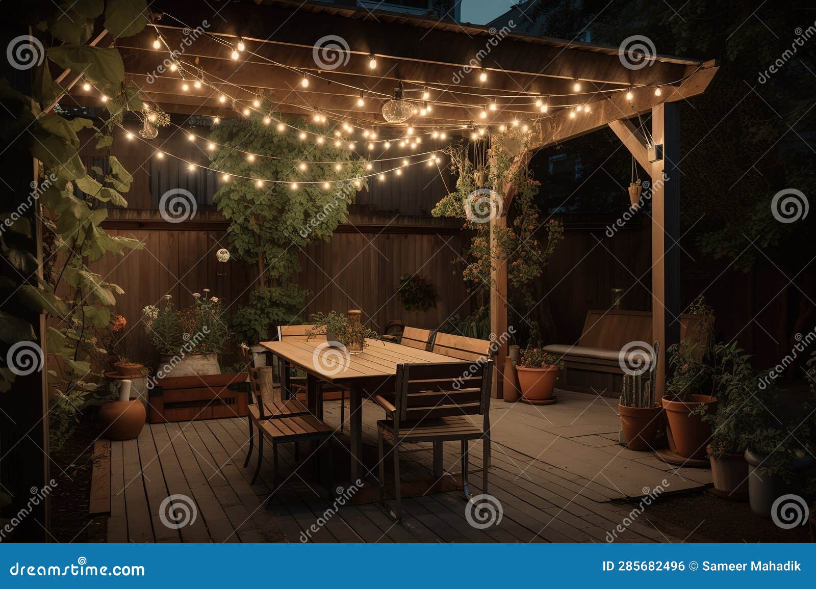 A Charming and Rustic Outdoor Dining Area with a Long Wooden Table and ...
