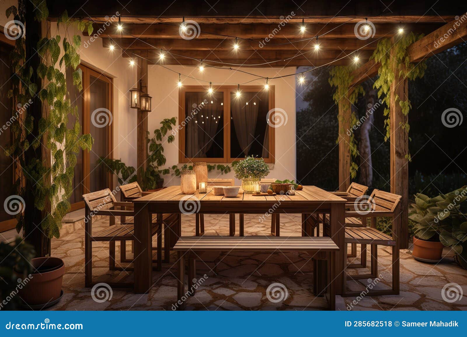 A Charming and Rustic Outdoor Dining Area with a Long Wooden Table and ...