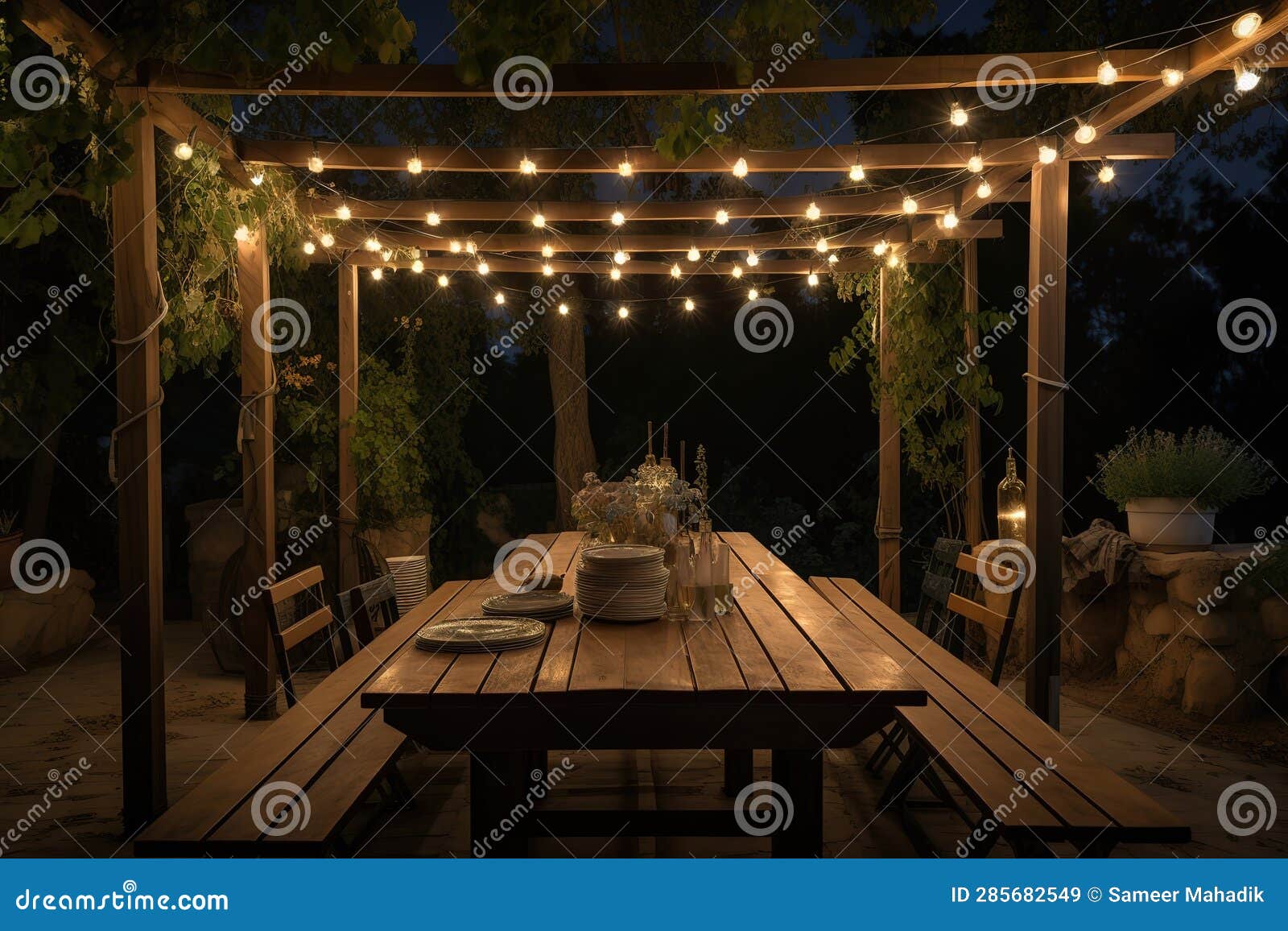 A Charming and Rustic Outdoor Dining Area with a Long Wooden Table and ...