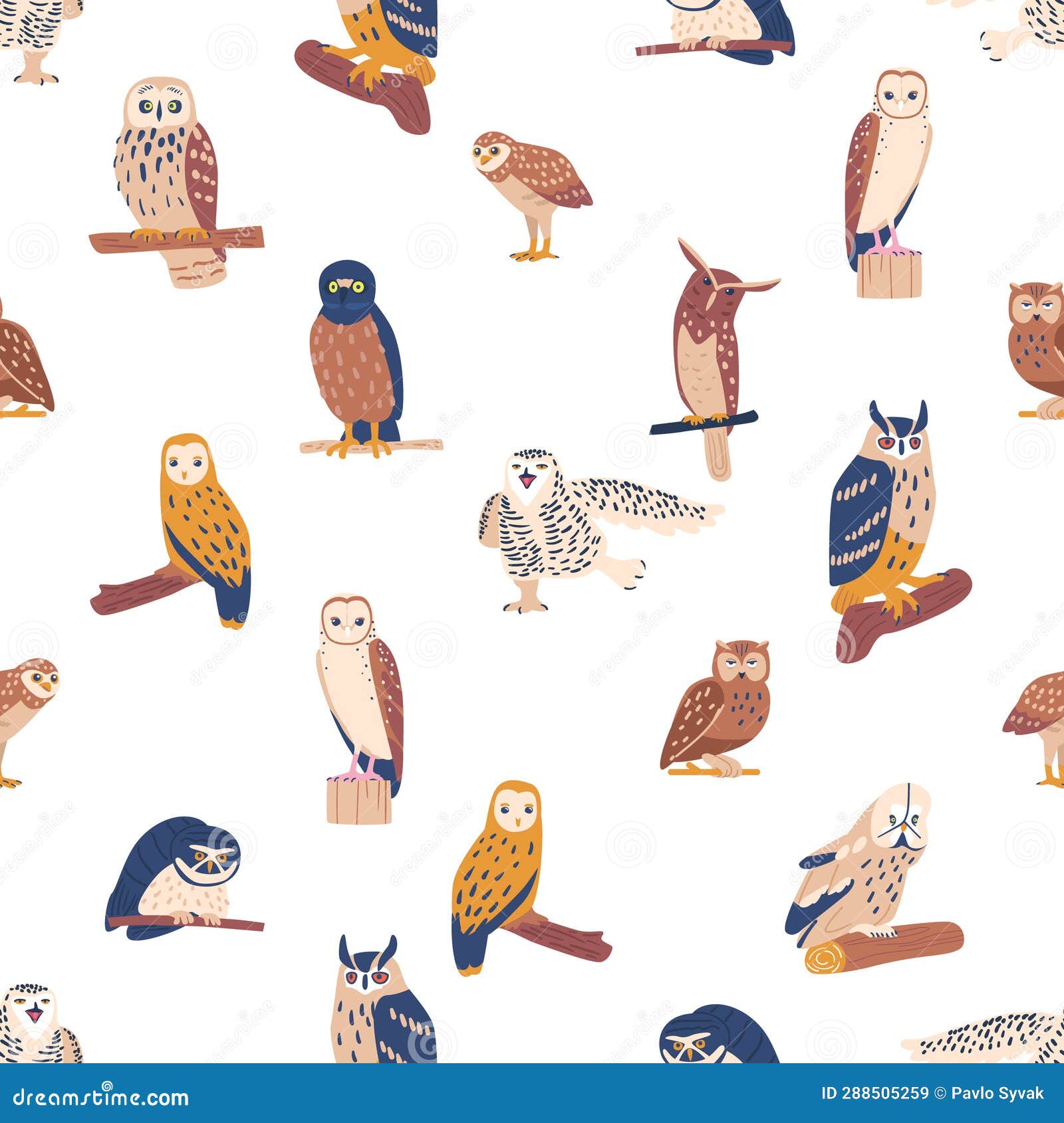Charming Seamless Pattern Featuring Adorable Owls in Various Poses and ...