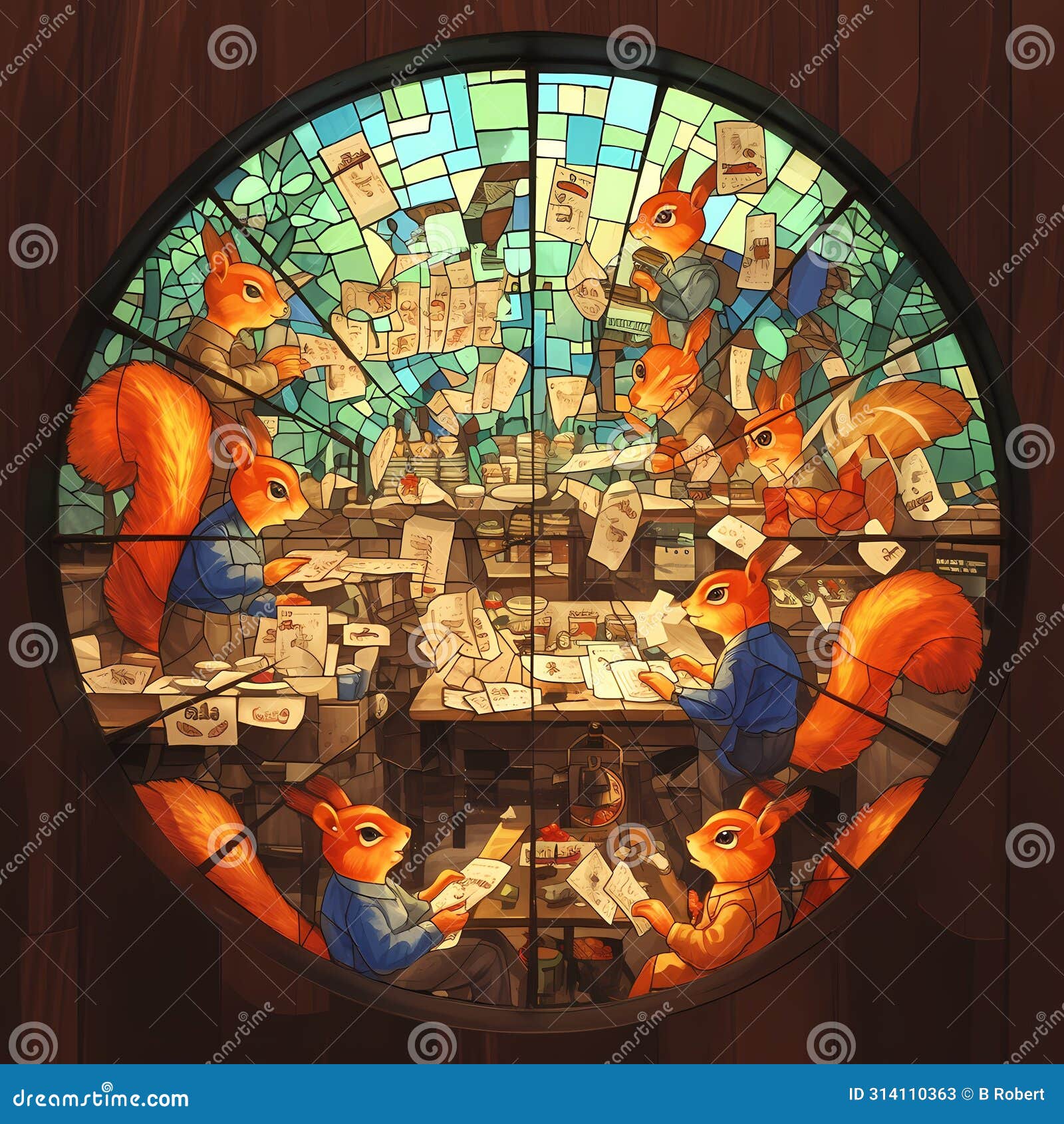 The Artful Rabbits: a Humorous Stained Glass Mural Stock Illustration ...