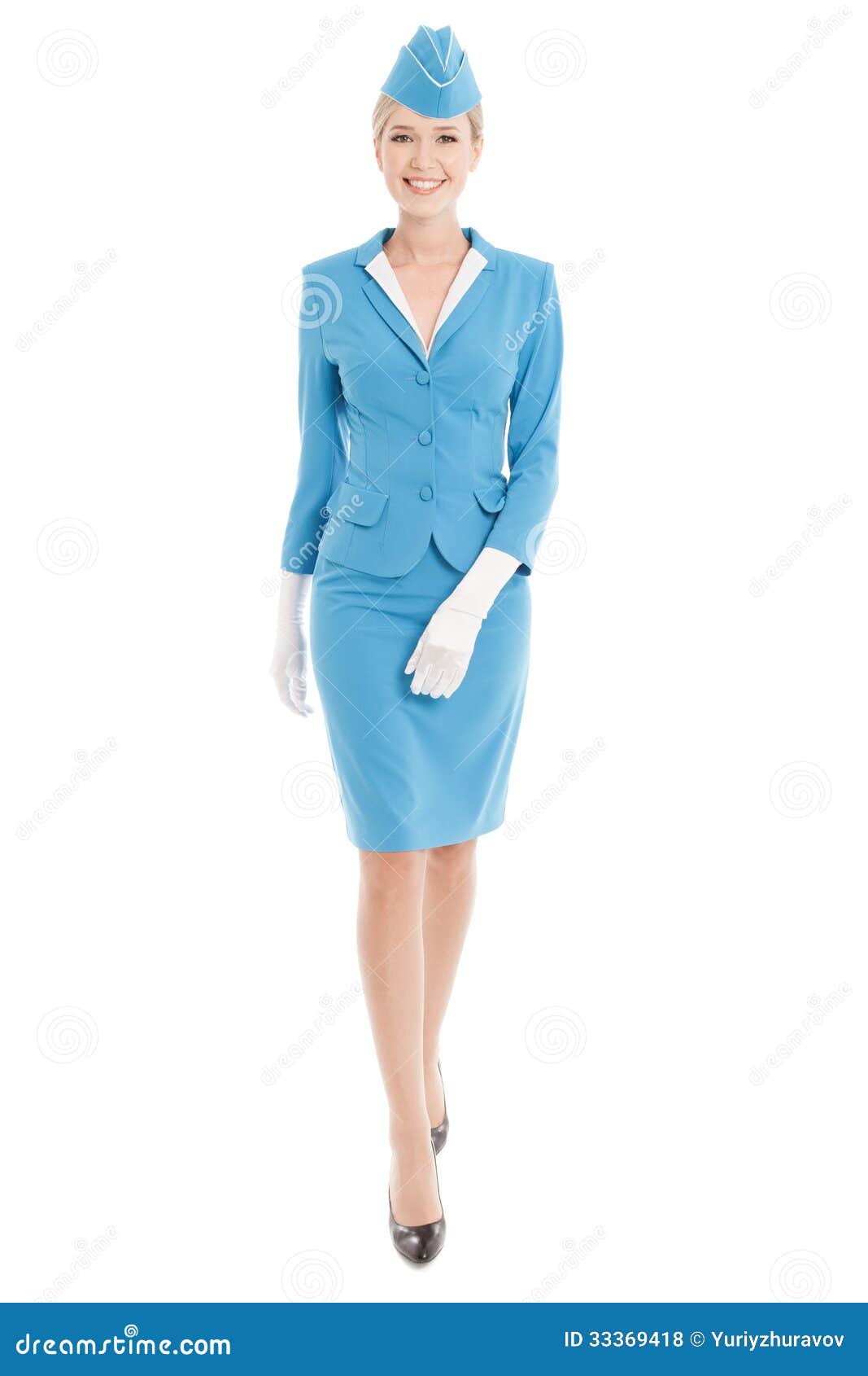 Charming Stewardess in Blue Uniform on White Background Stock Photo ...