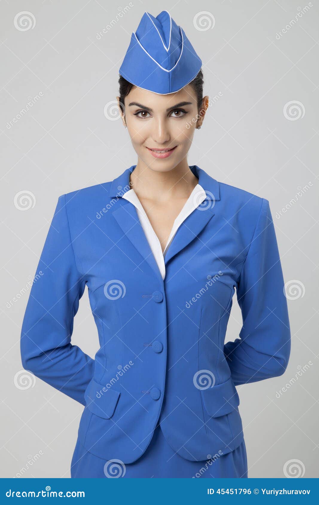 Charming Stewardess Dressed in Blue Uniform Stock Photo - Image of ...