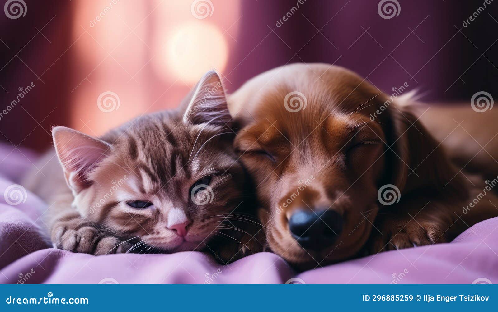 Charming Studio Shot Of A Kitty And Puppy Sleeping Together On Solid ...