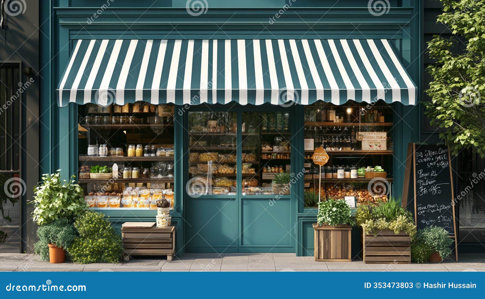 Charming Teal Storefront with Striped Awning and Display Windows Stock Illustration ...